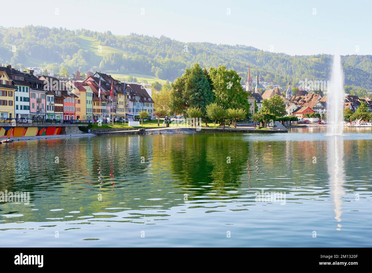 Lower Old Town with fountain in Lake Zug, Zug, Canton Zug, Switzerland ...