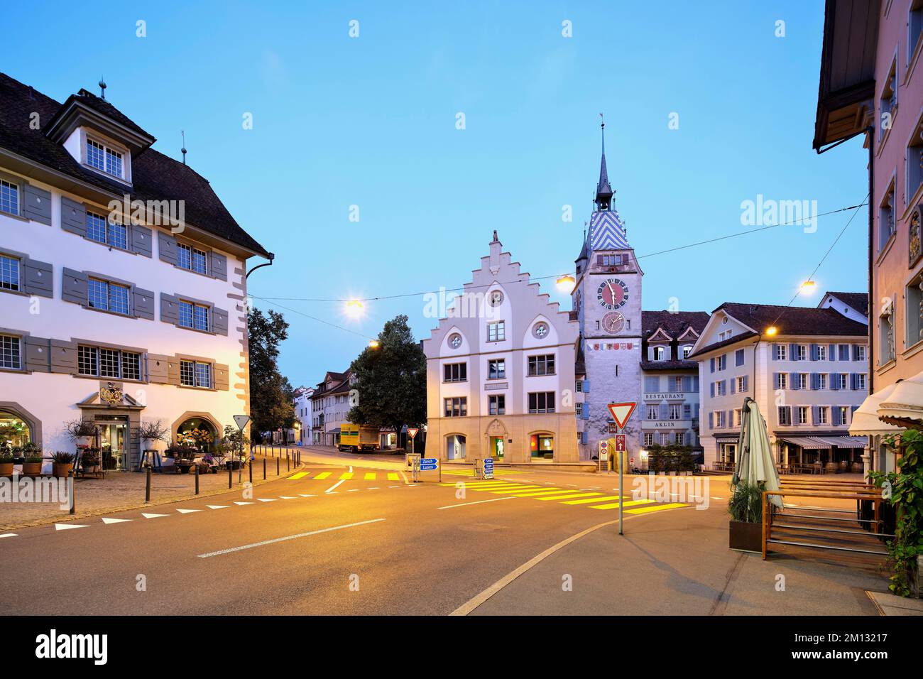 Zytturm in neon lighting, Old Town, Zug, Canton Zug, Switzerland ...