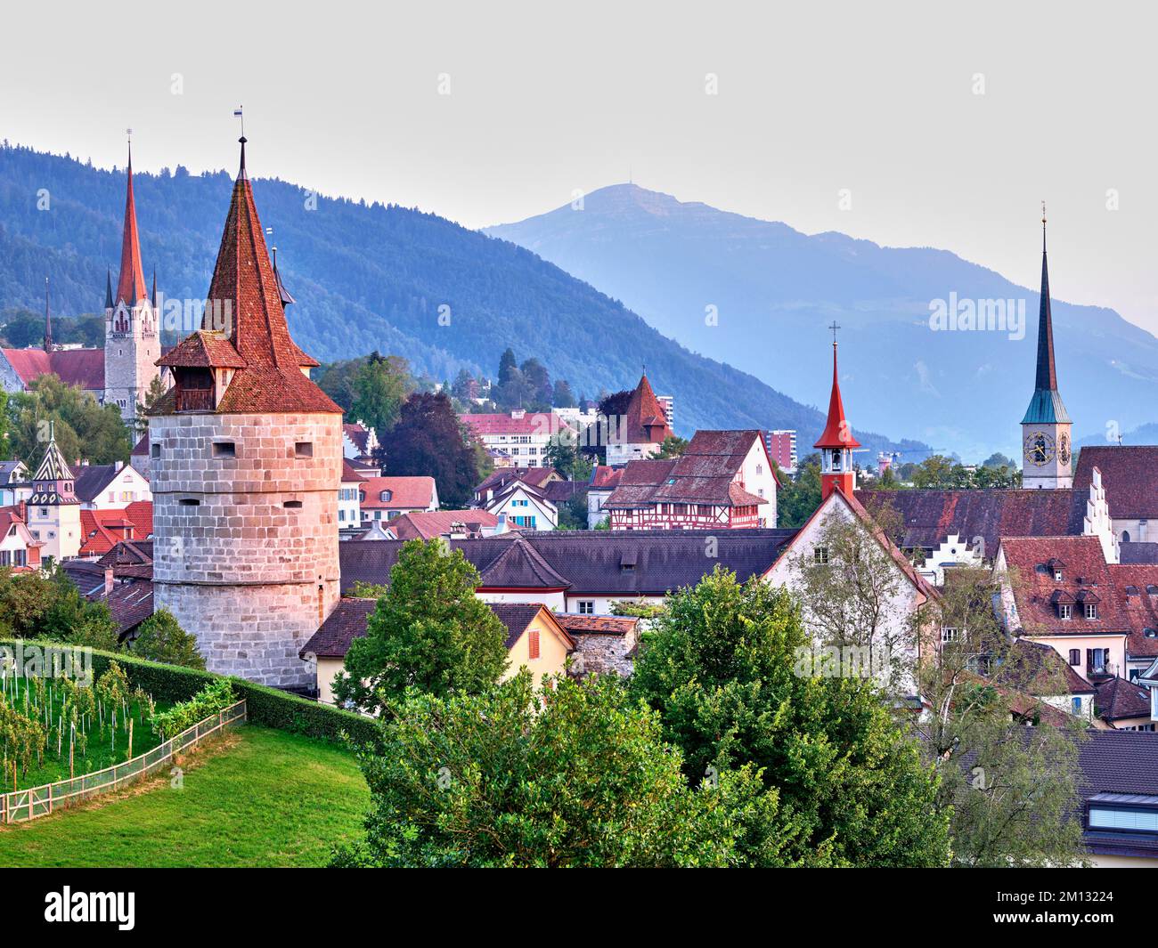 Rose Garden behind Capuchin Tower, Church, Old Town and Rigi, Zug ...