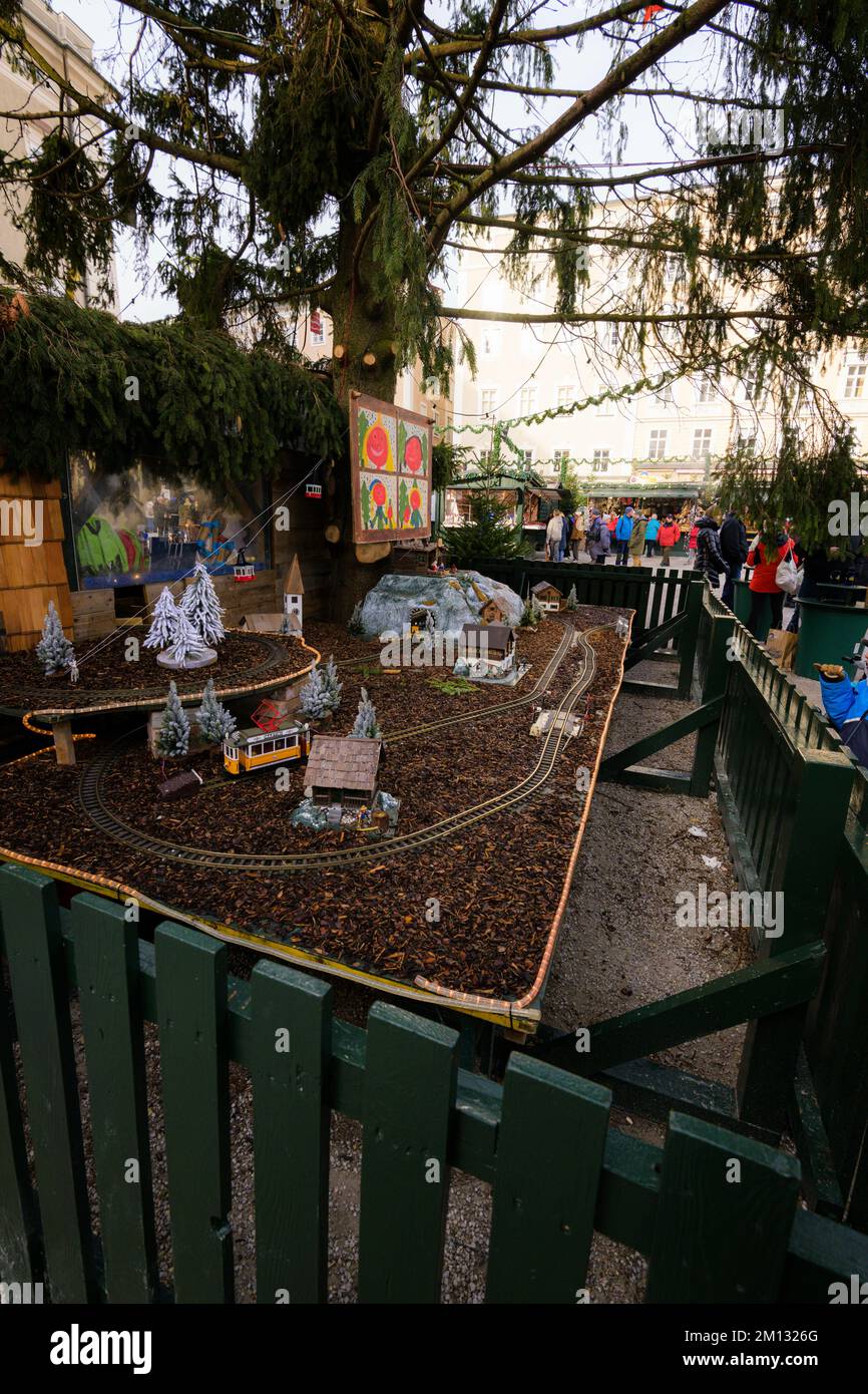 Toy train at Christmas market in Salzburg, Austria, Europe Stock Photo ...