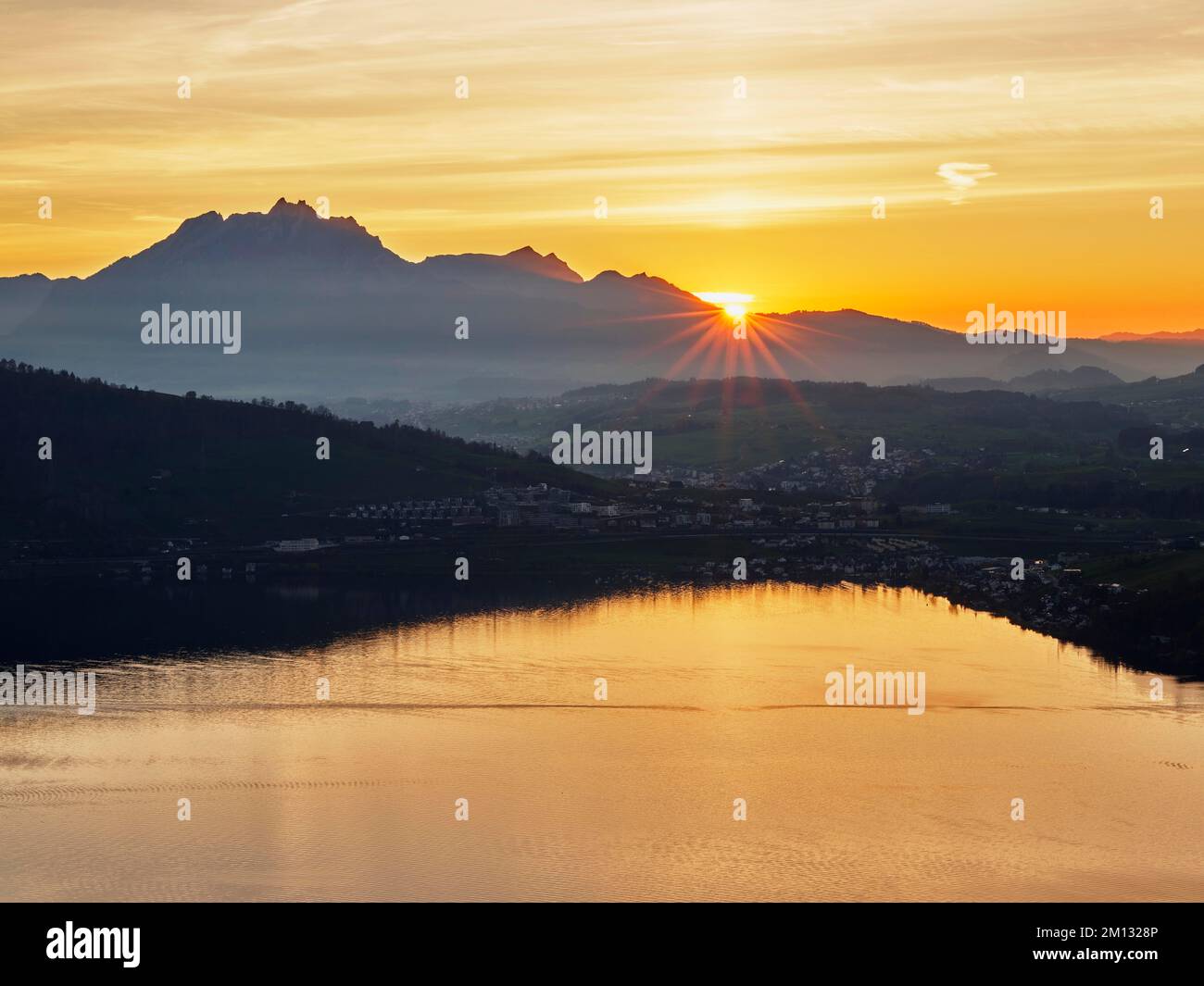 Sunset on Lake Zug, Pilatus in the back, Walchwil, Canton Zug ...