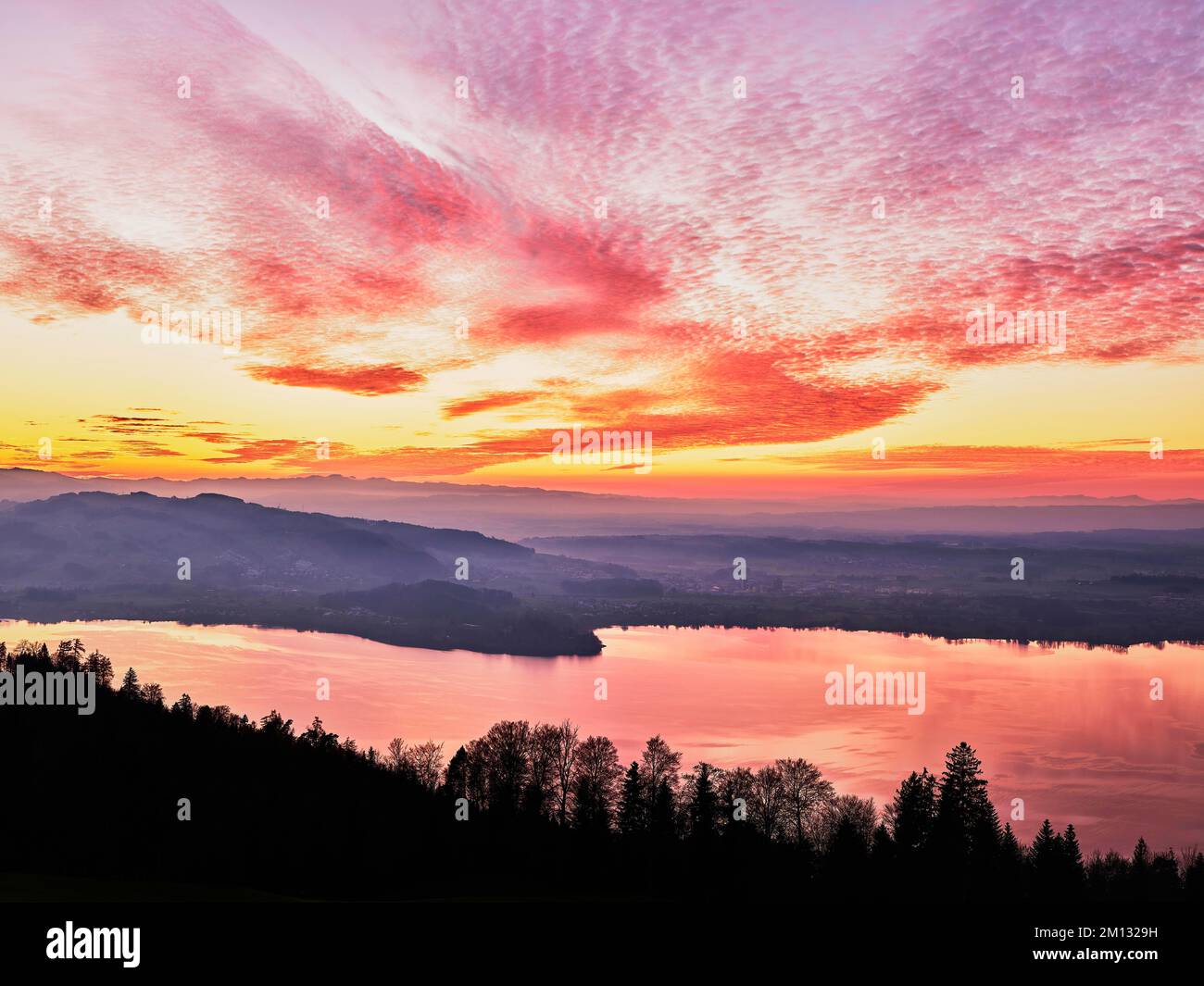 Sunset with Chiemen on Lake Zug, Canton Zug, Switzerland, Europe Stock ...