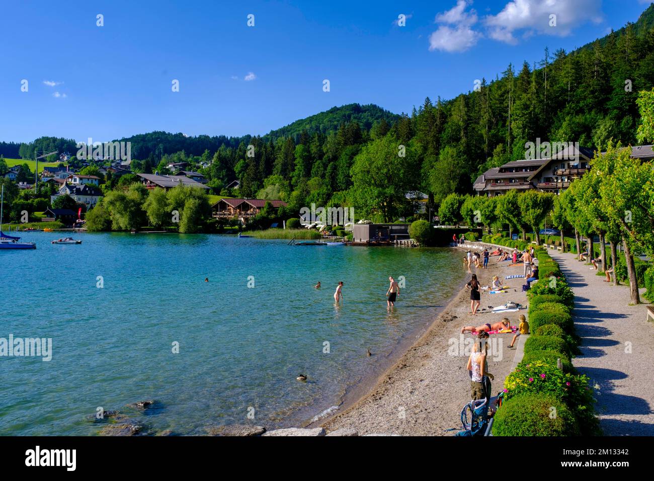 Bathing beach at Lake Fuschl, Fuschl am See, Salzkammergut, Salzburg ...
