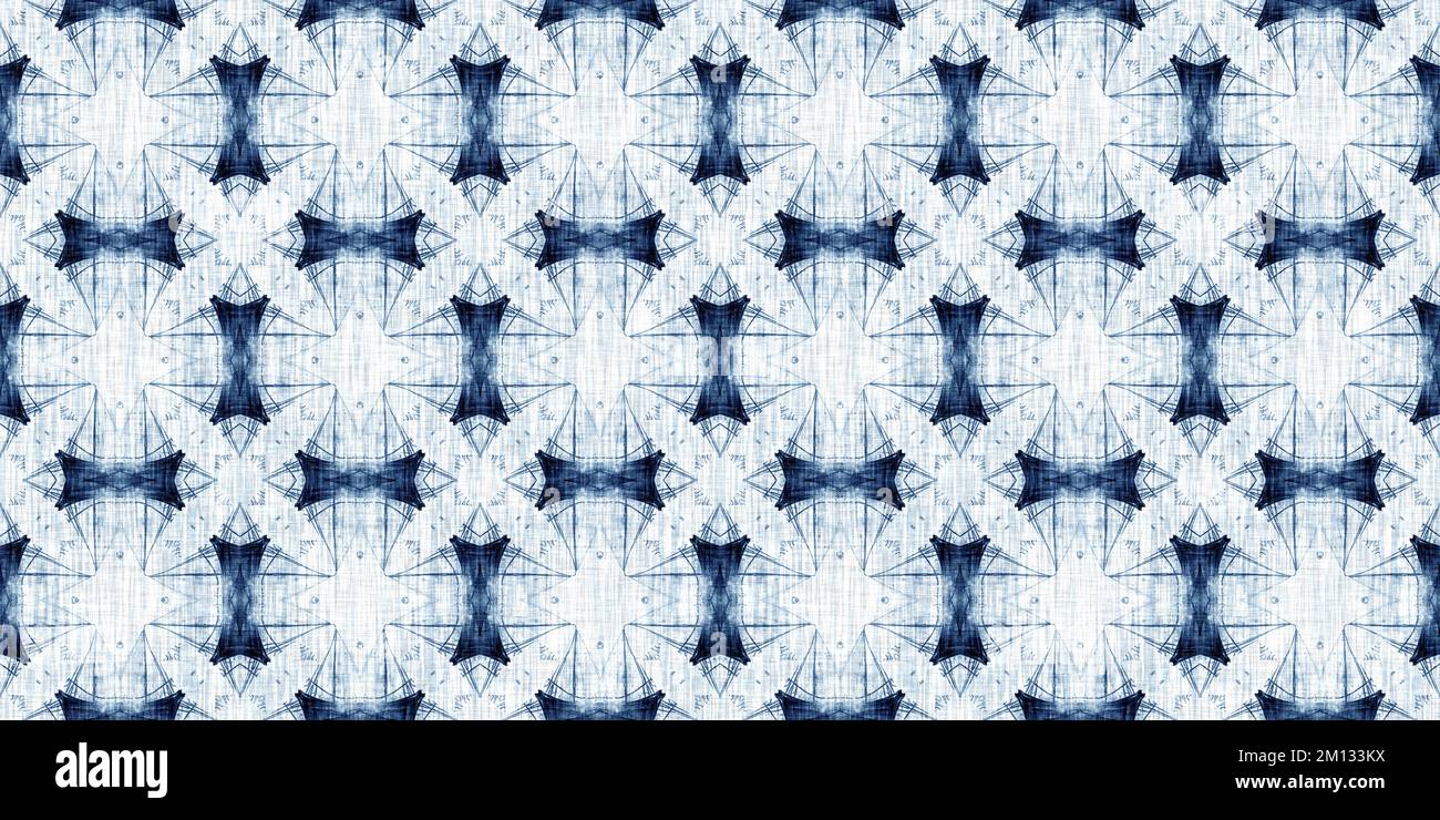 Indigo dye wash coastal damask seamless border pattern. Washed out ...
