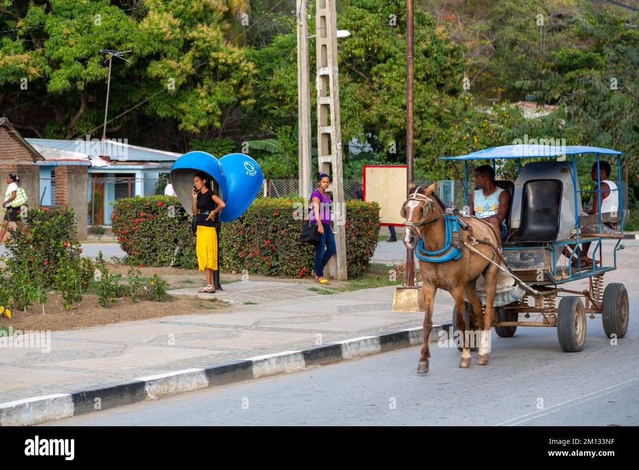 A local horse drawn carriage taxi with passengers in a street of ...