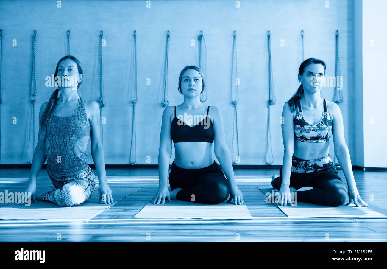 Three young women in yoga class sitting in row relaxing making ...