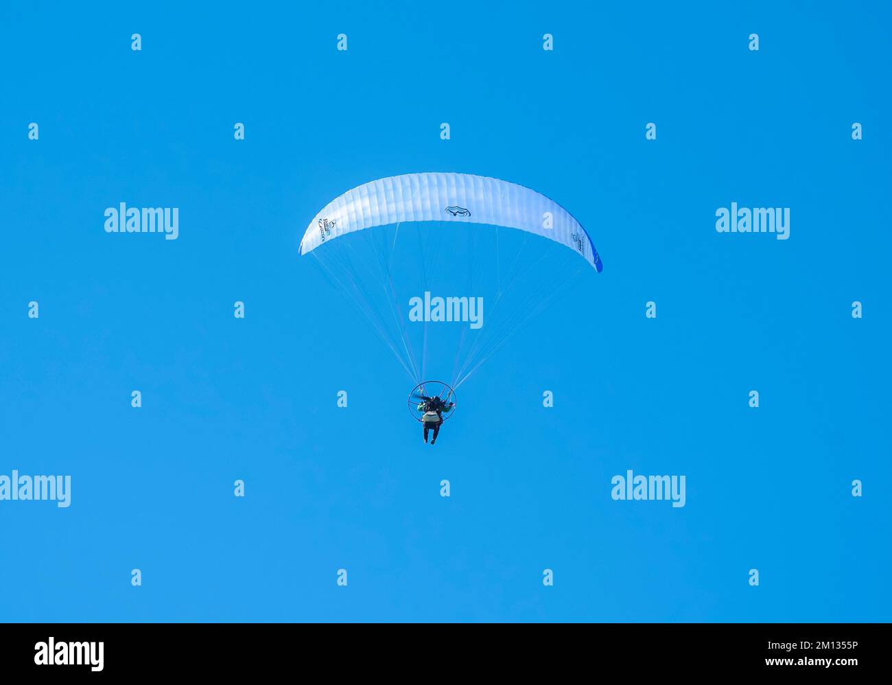 A powered paraglider flying alone in New Zealand along a beach with ...