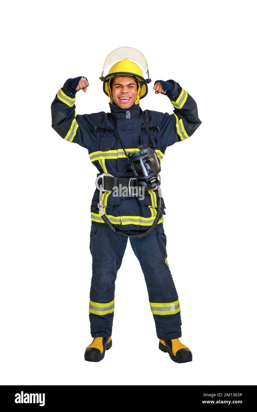 Fireman in fireproof uniform and helmet flexing his biceps Stock Photo ...