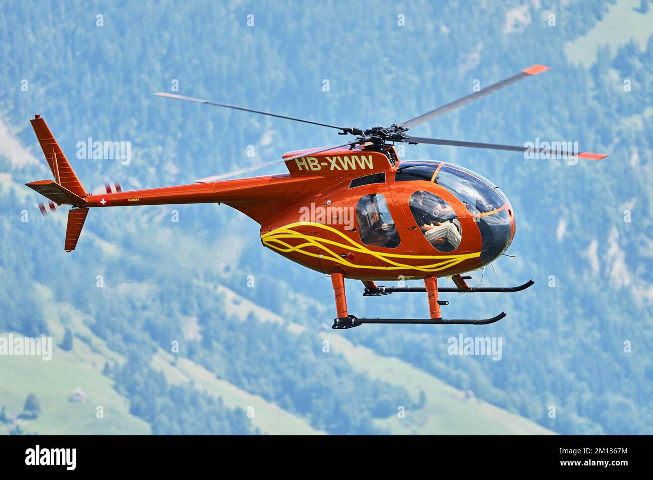 Vintage helicopter, Hughes, 369HS, HB-XWV, flying over the Central ...