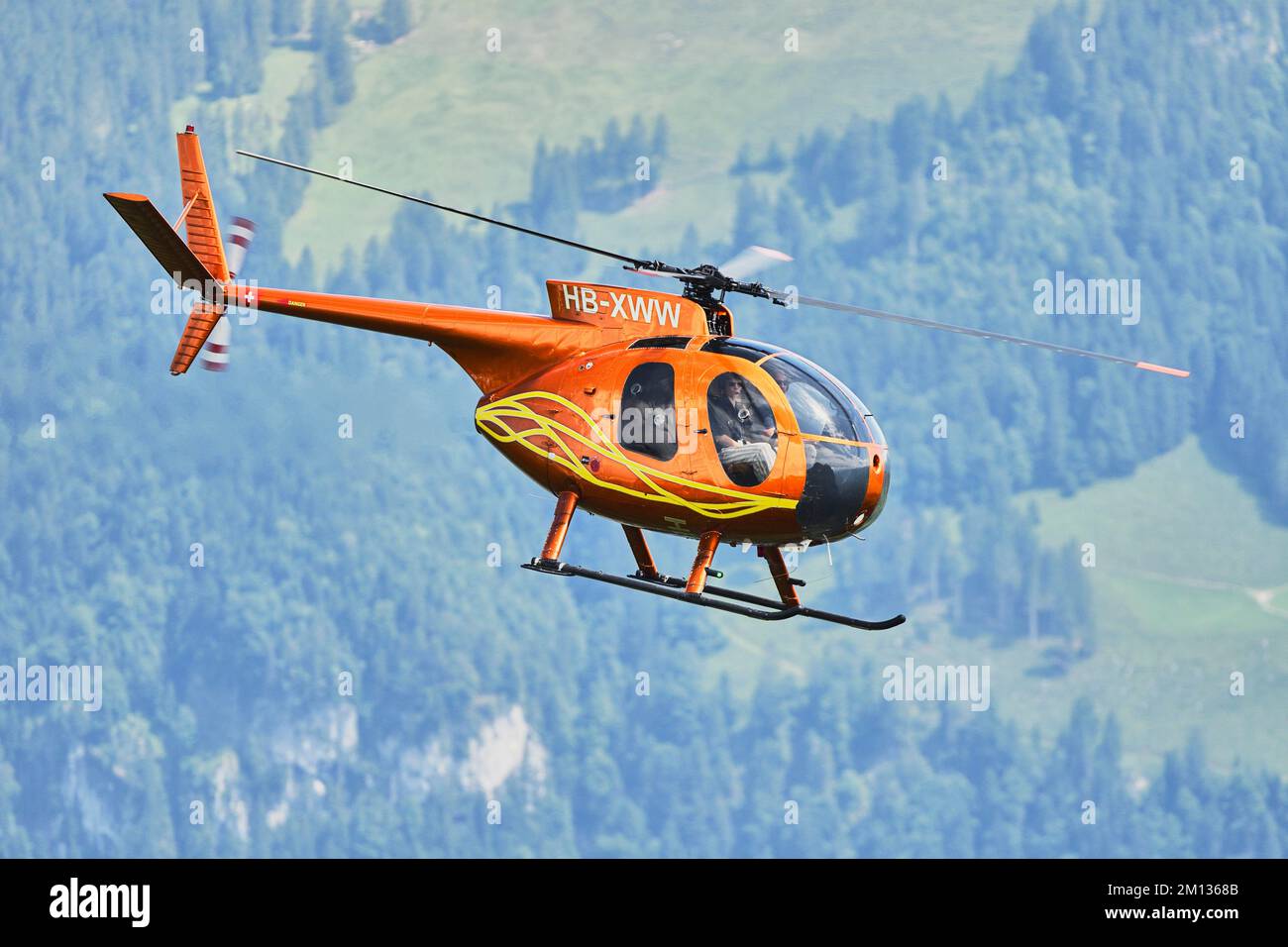 Vintage helicopter, Hughes, 369HS, HB-XWV, flying over the Central ...