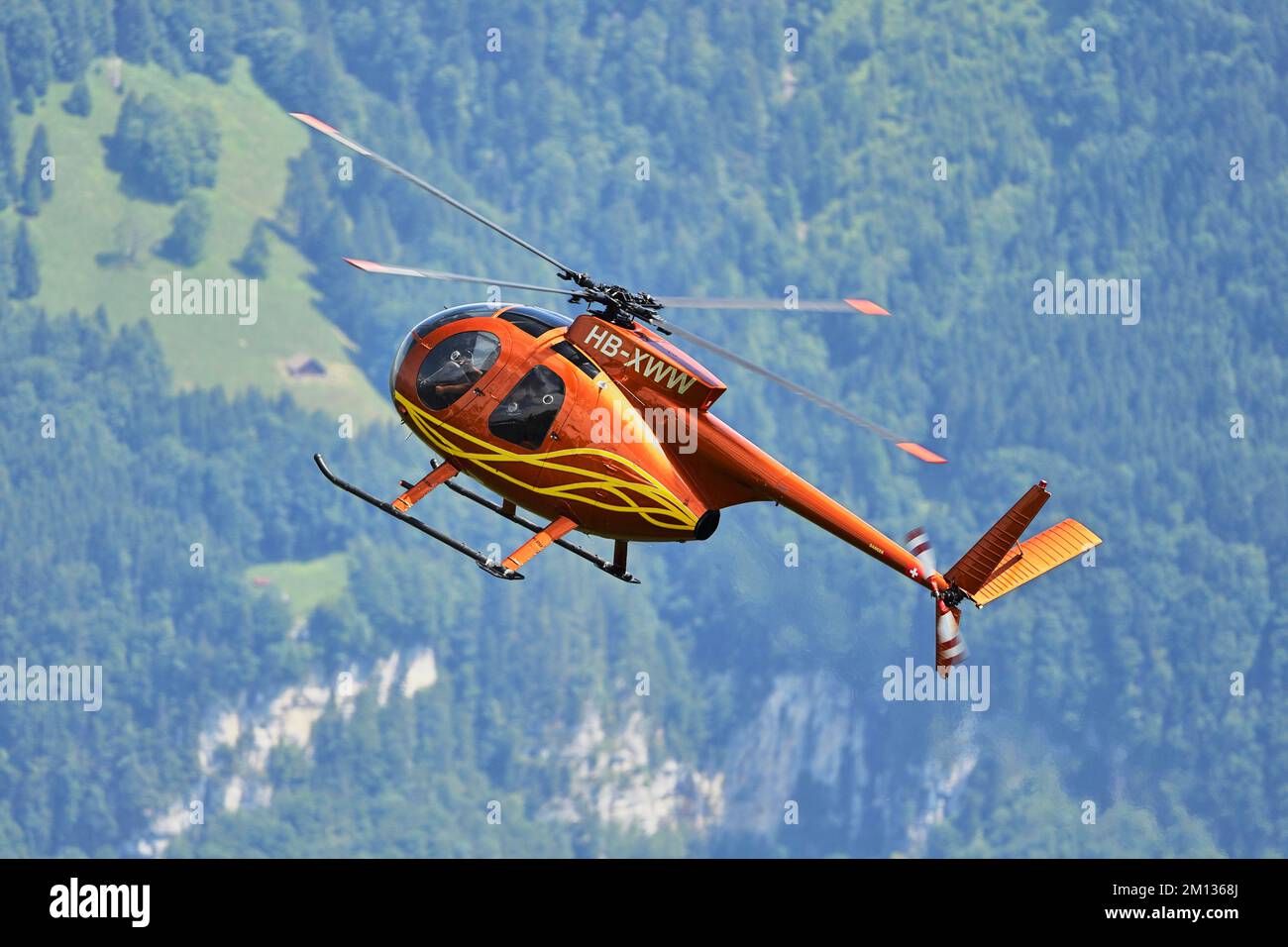 Vintage helicopter, Hughes, 369HS, HB-XWV, flying over the Central ...
