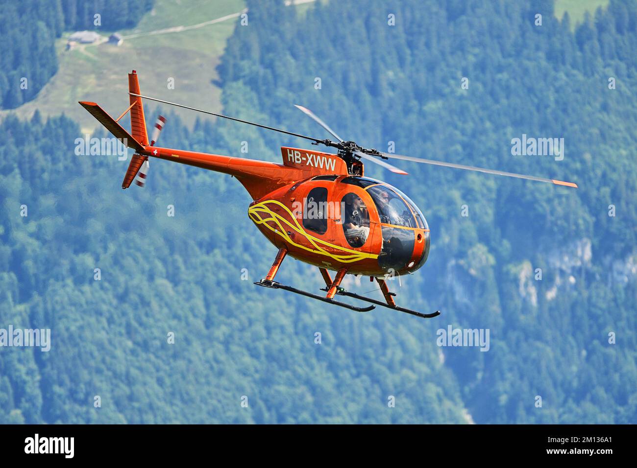 Vintage helicopter, Hughes, 369HS, HB-XWV, flying over the Central ...