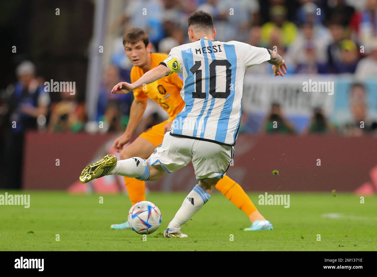Lusail, Qatar. 09th Dec, 2022. Lionel Messi of Argentina passes for an ...