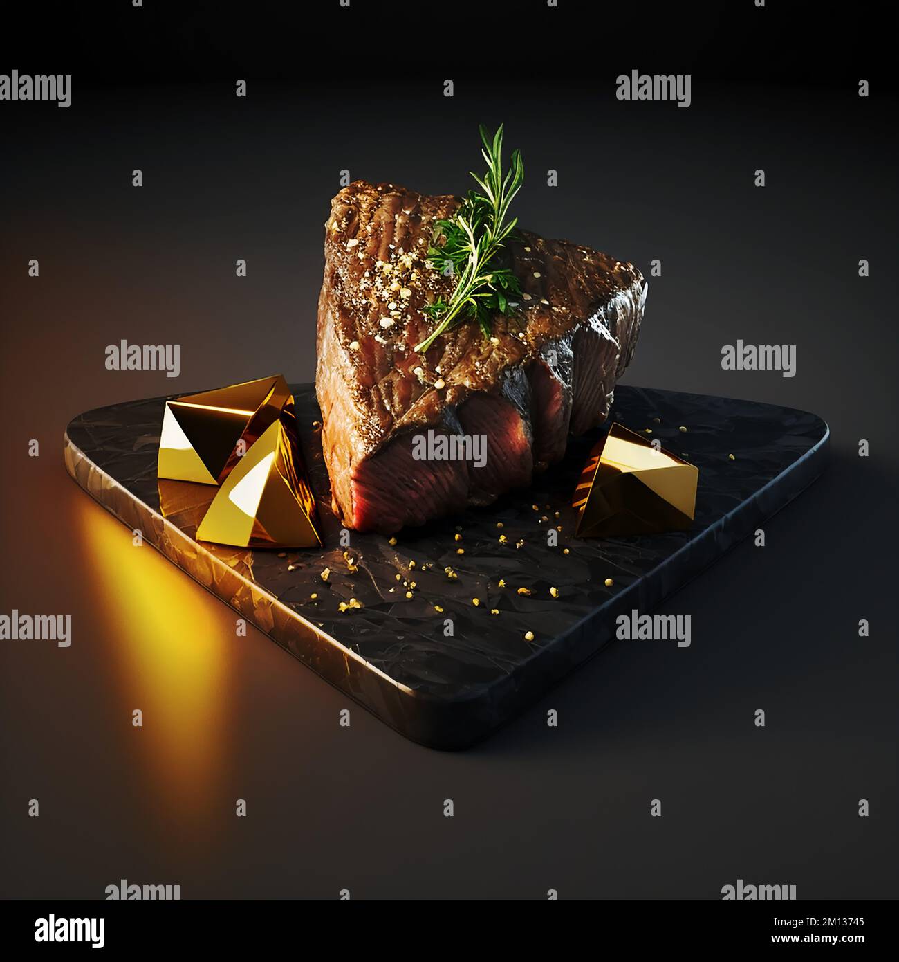 tender steak with gold rosemary are tasty surprise Stock Photo - Alamy