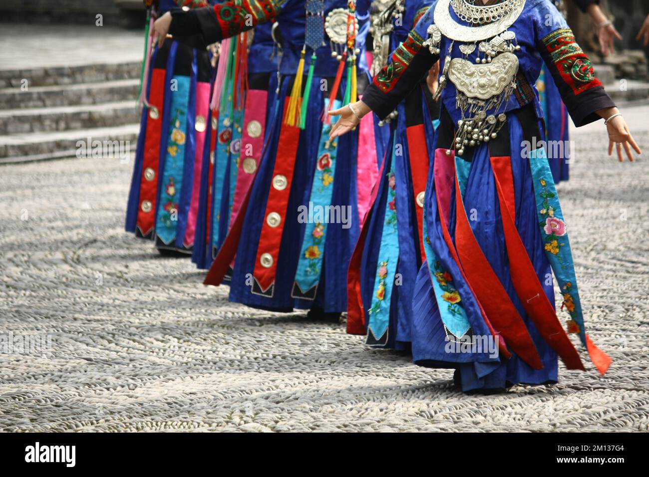 The dancing custom of Miao tribe in their village when tourist arriving ...
