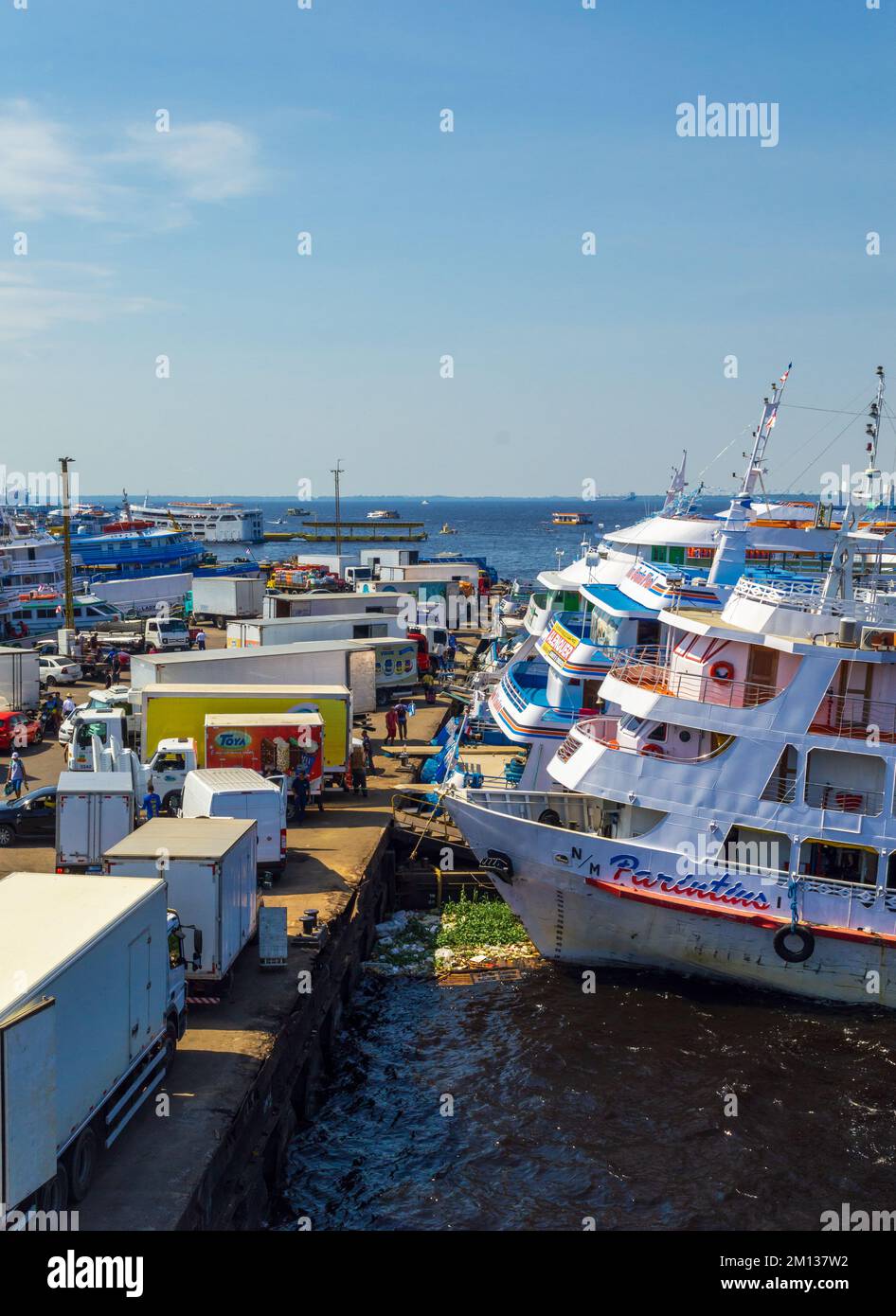View of the main port of Manaus with many boats and ferry Stock Photo ...