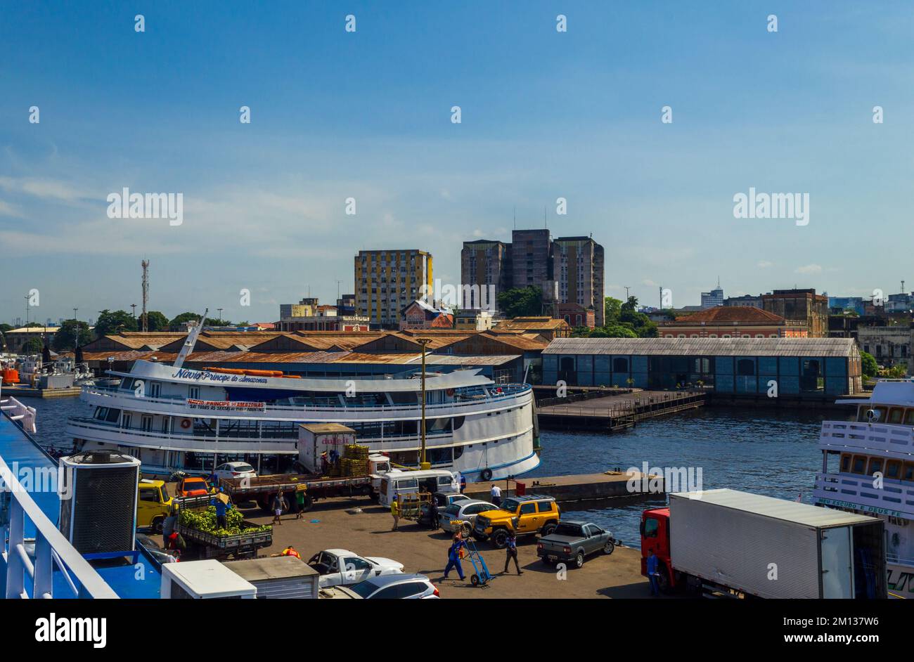 View of the main port of Manaus with many boats and ferry Stock Photo ...