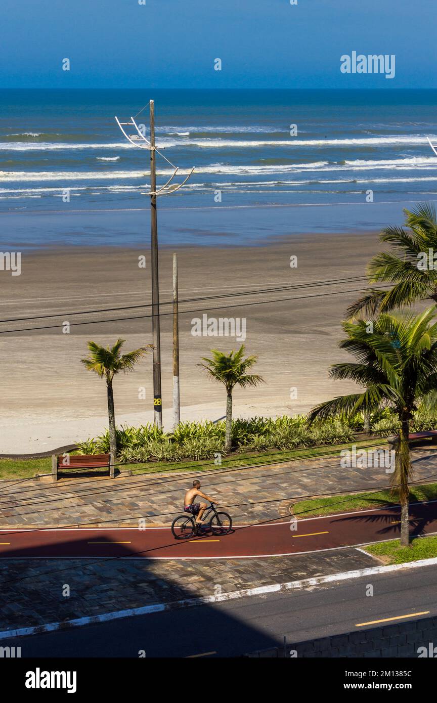 Coast city line in Praia Grande, Brazil with nice walking path and bike ...