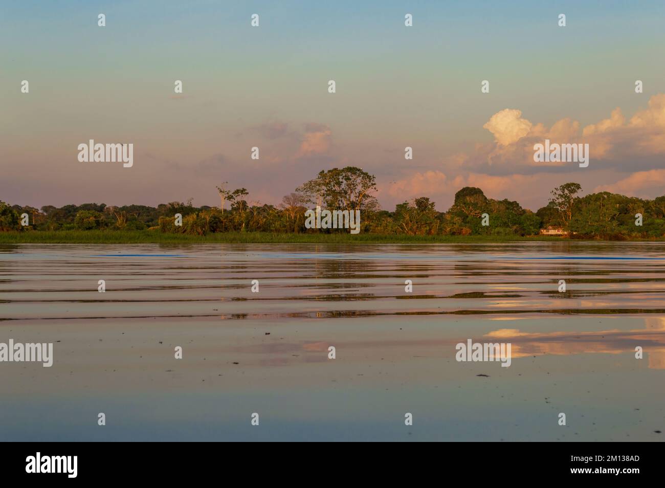 Mirror reflections on the water of Rio Amazonas in Brazil at sunset ...