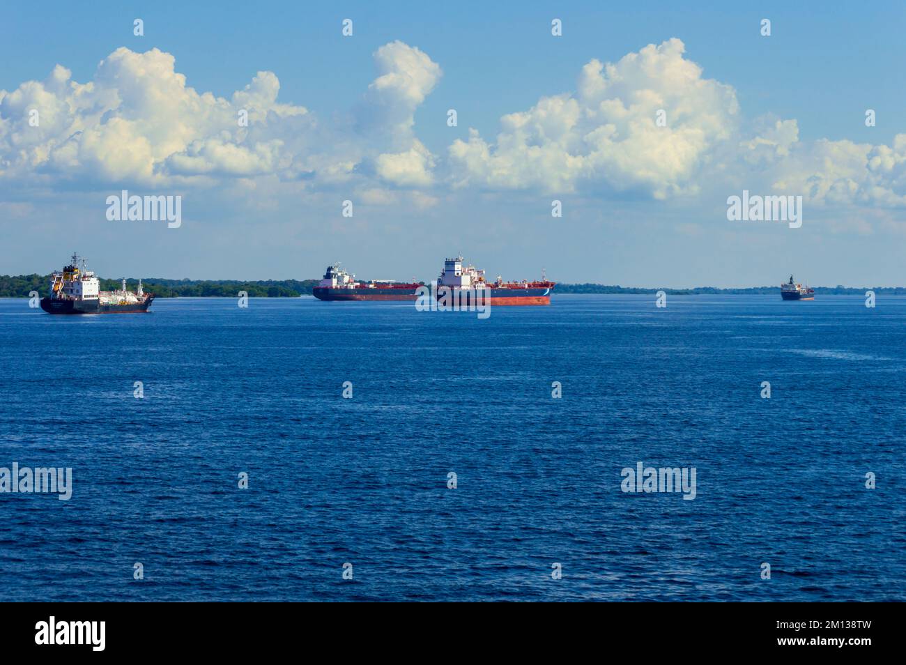 Cargo ships travelling along the Amazonas river in Brazil along the ...