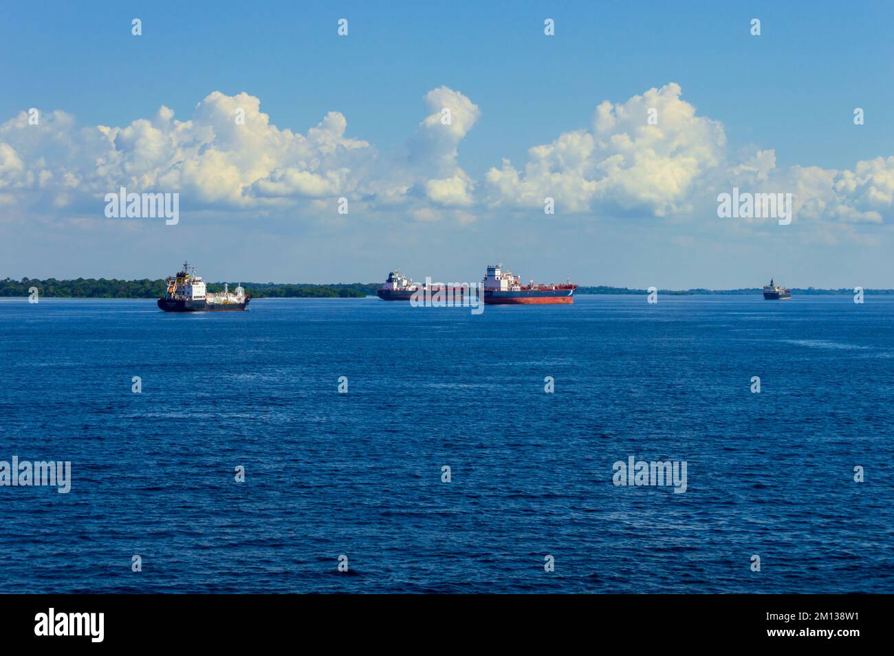 Cargo ships travelling along the Amazonas river in Brazil along the ...
