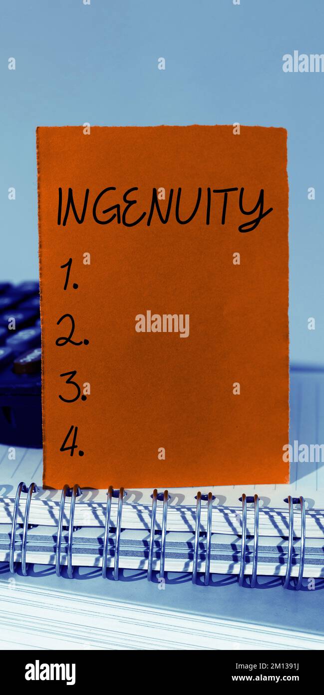 Hand writing sign Ingenuity. Word Written on the quality of being ...