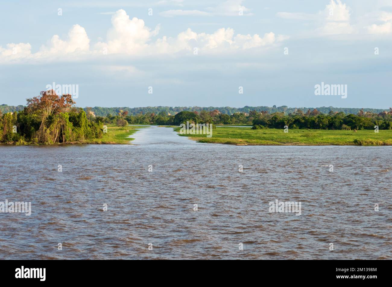 Tropical water landscape of the Rio Amazonas in Brazil seen from a ...