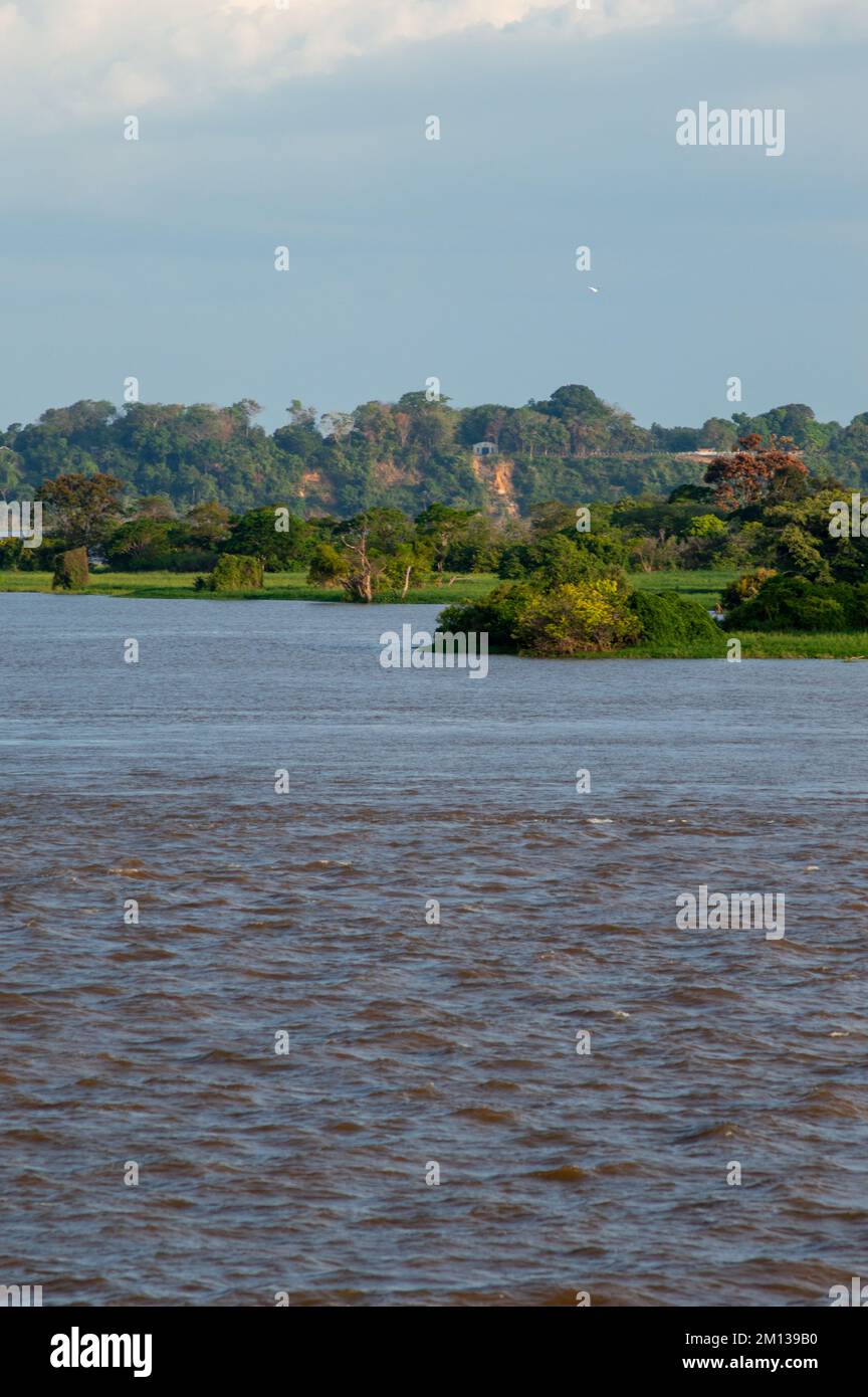 Tropical water landscape of the Rio Amazonas in Brazil seen from a ...