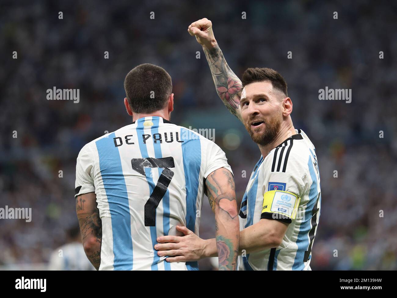Lusail, Qatar. 9th Dec, 2022. Lionel Messi (R) of Argentina celebrates ...