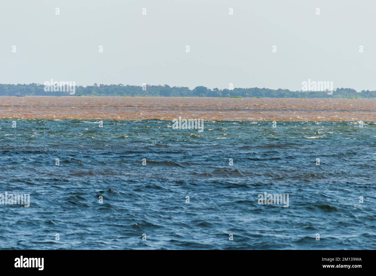 The meeting of the waters of the two rivers Amazon and Tapajos seen ...