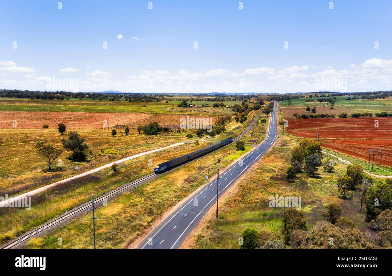 Aerial panorama of Train in central west coming cabin wide Stock Photo ...