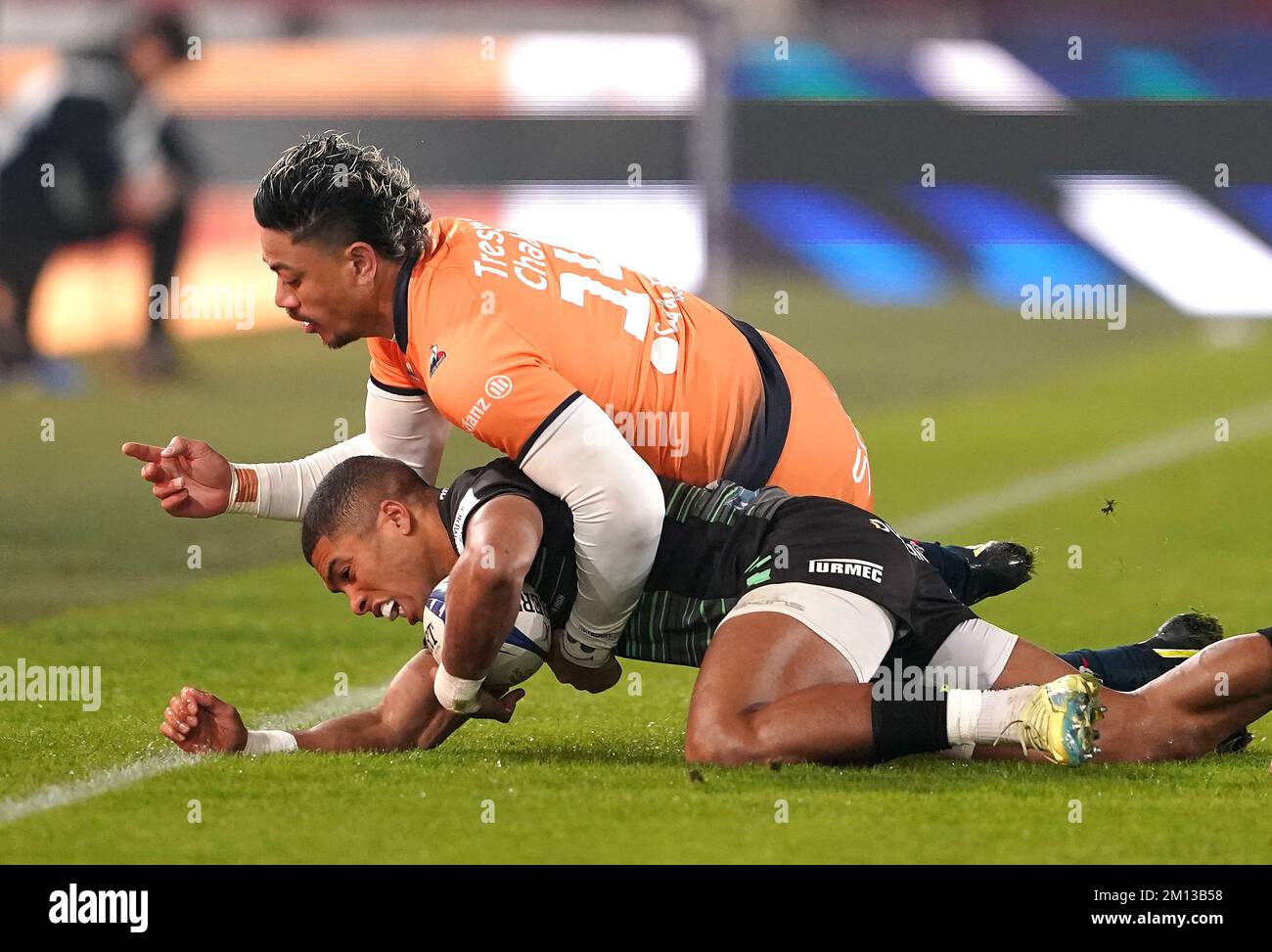 London Irish's Ben Loader is tackled by Montpellier's Ben Lam during ...