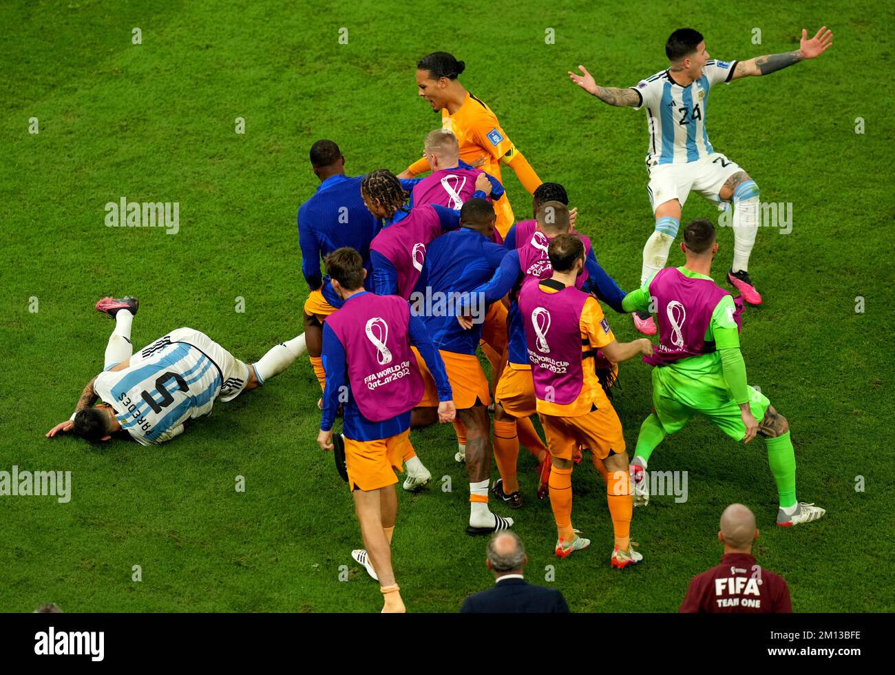 Argentina's Leandro Paredes lies on the pitch after being shoved by ...