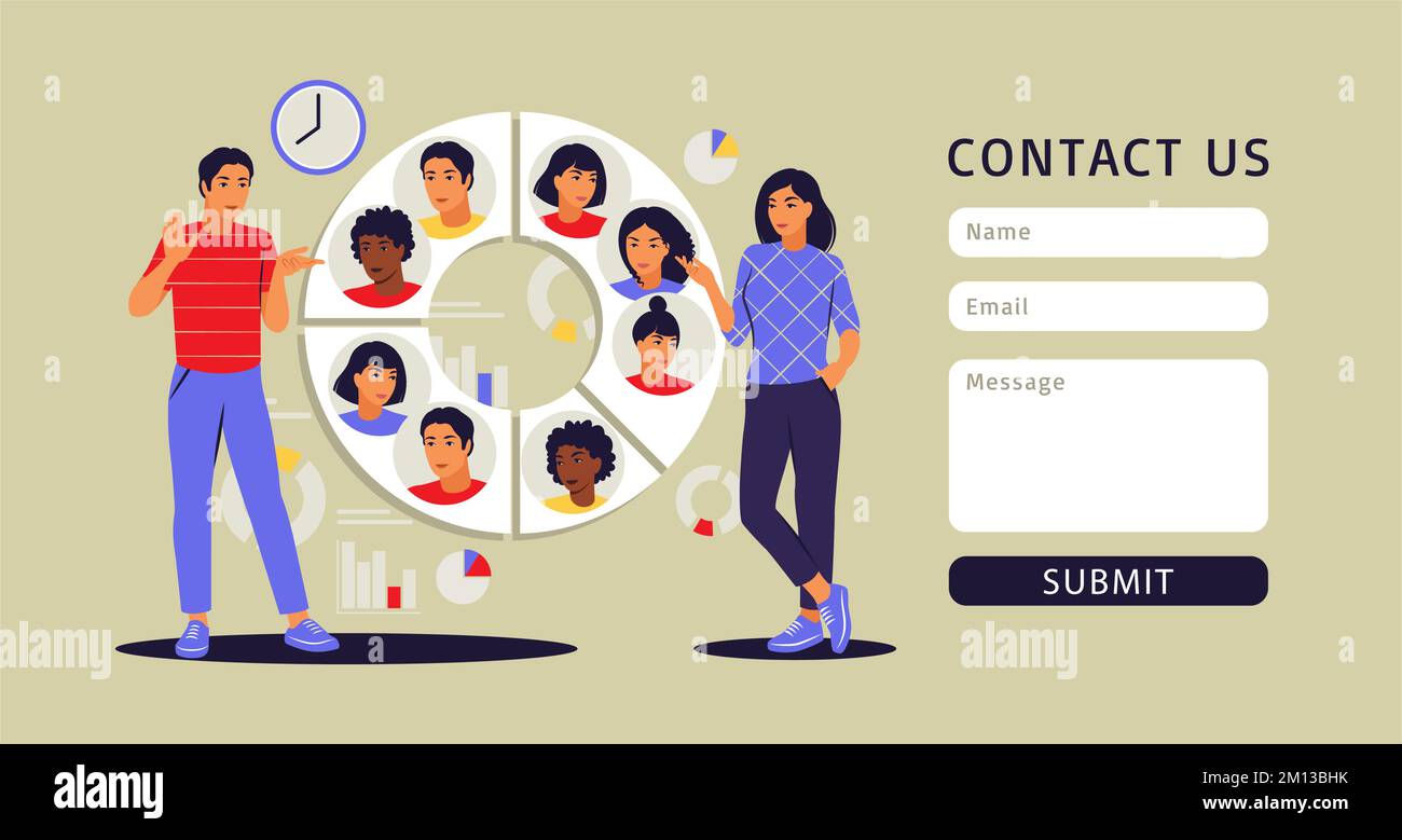 Audience segmentation concept. Contact us form. People near a large ...