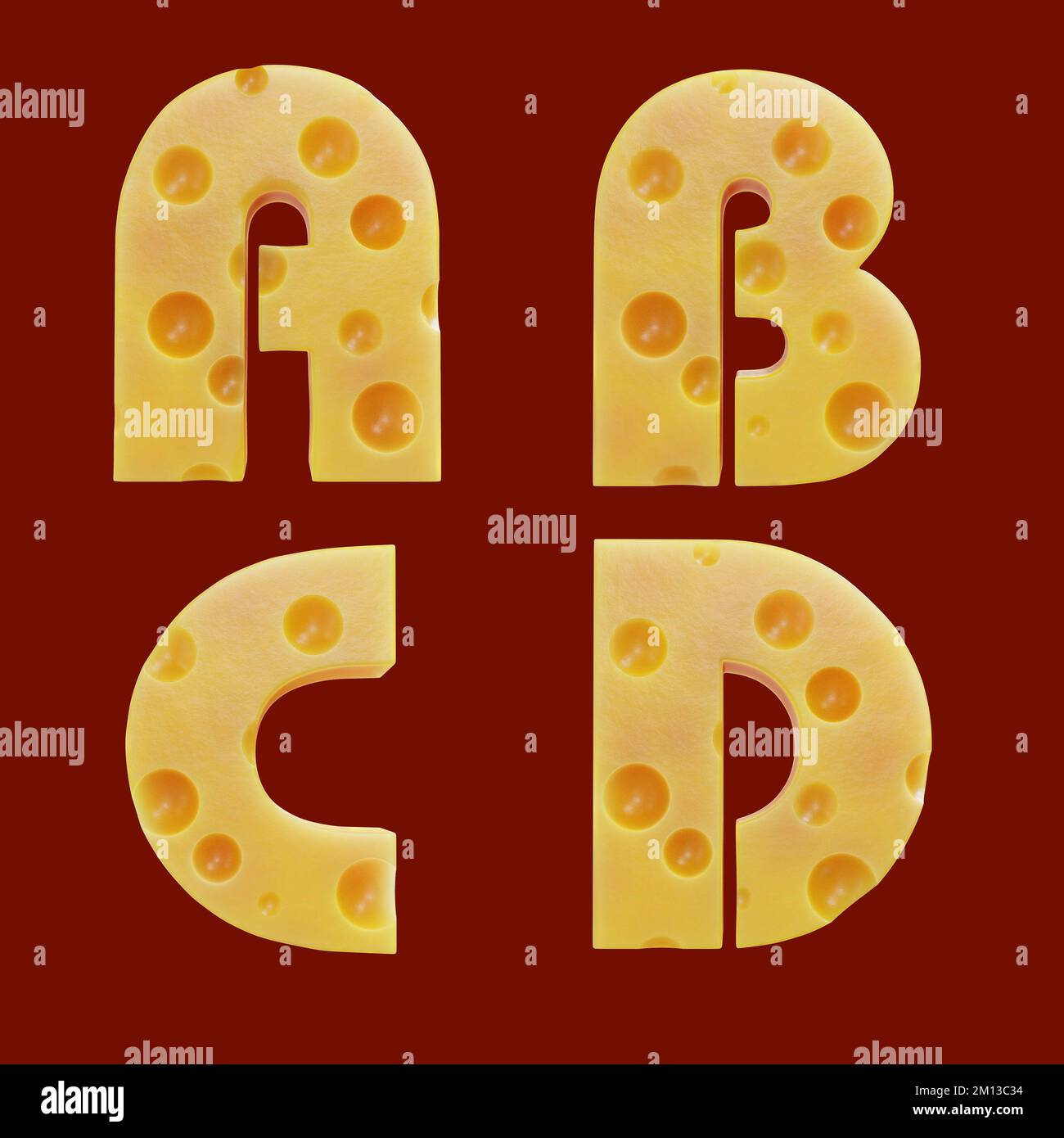3D rendering of cheese alphabet - letters A-D Stock Photo - Alamy