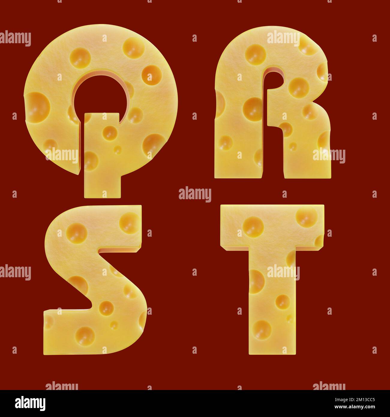 3D rendering of cheese alphabet - letters Q-T Stock Photo - Alamy