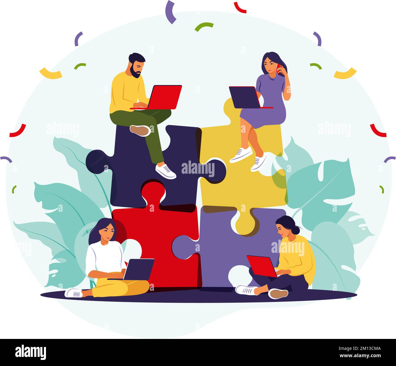 Business team putting together puzzle. Cartoon partners working in ...