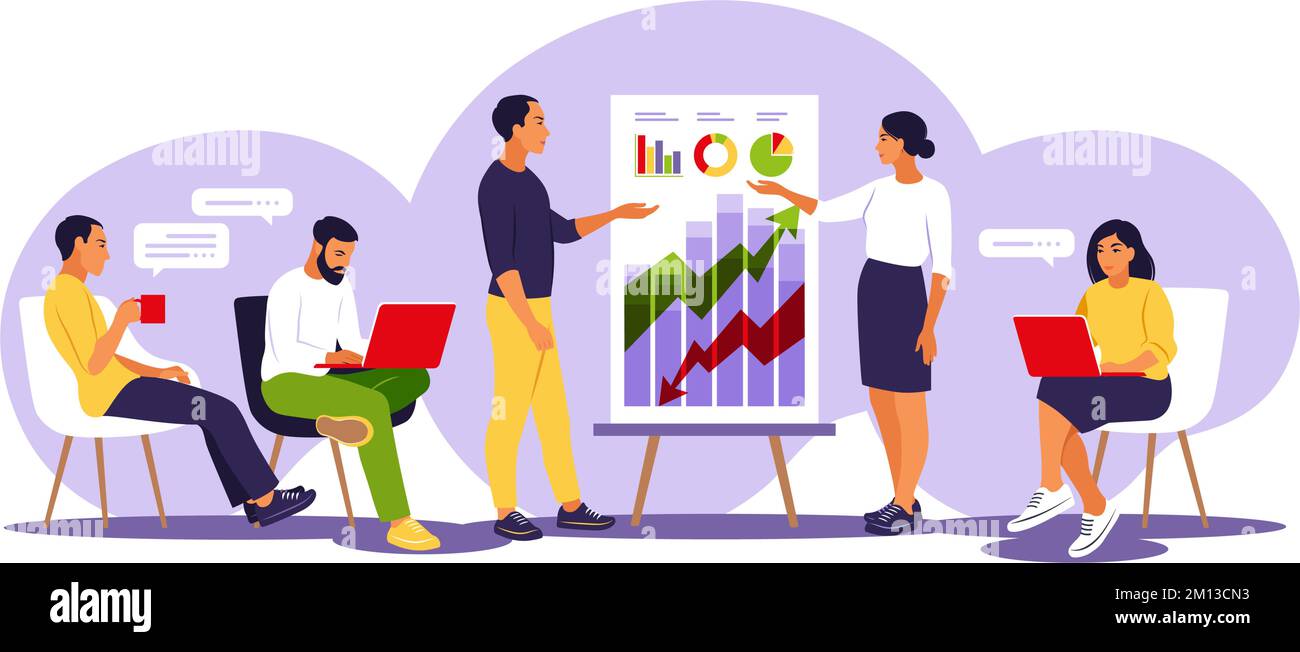 Coaches speaking before audience, presenting charts and reports ...