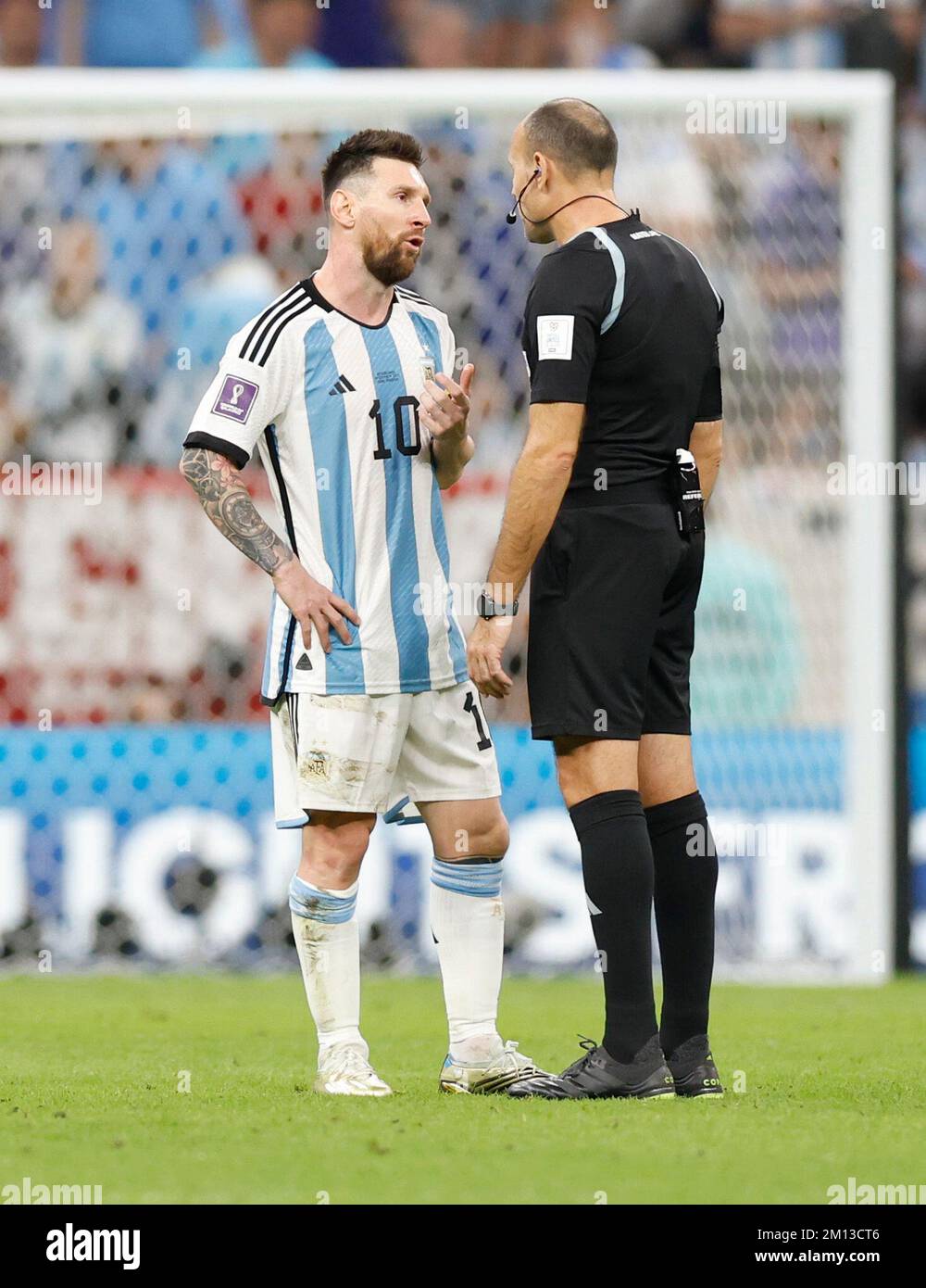 Lusail, Qatar. 9th Dec, 2022. Lionel Messi (L) of Argentina talks with ...