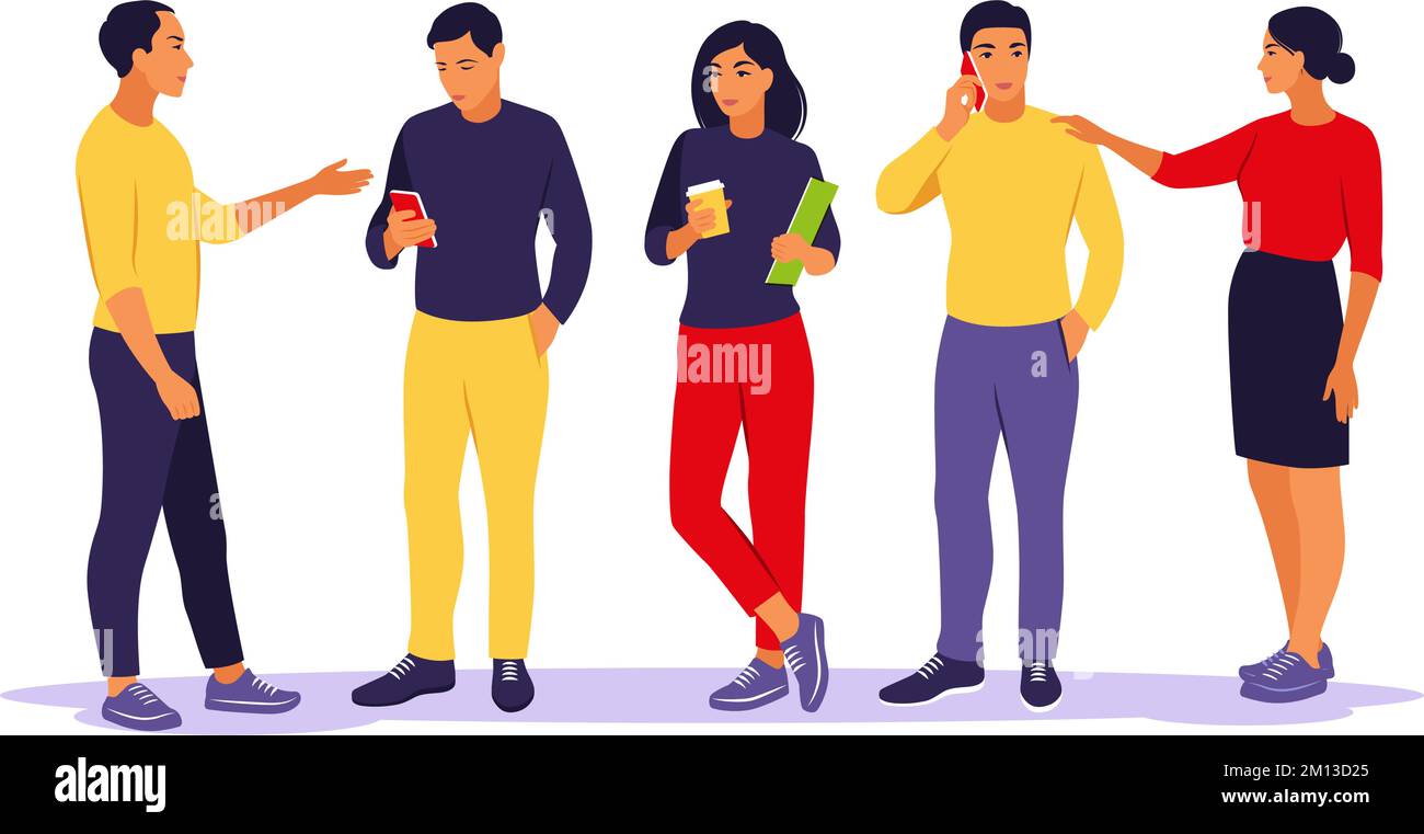 Young people standing and talking each other and phone. Communication ...