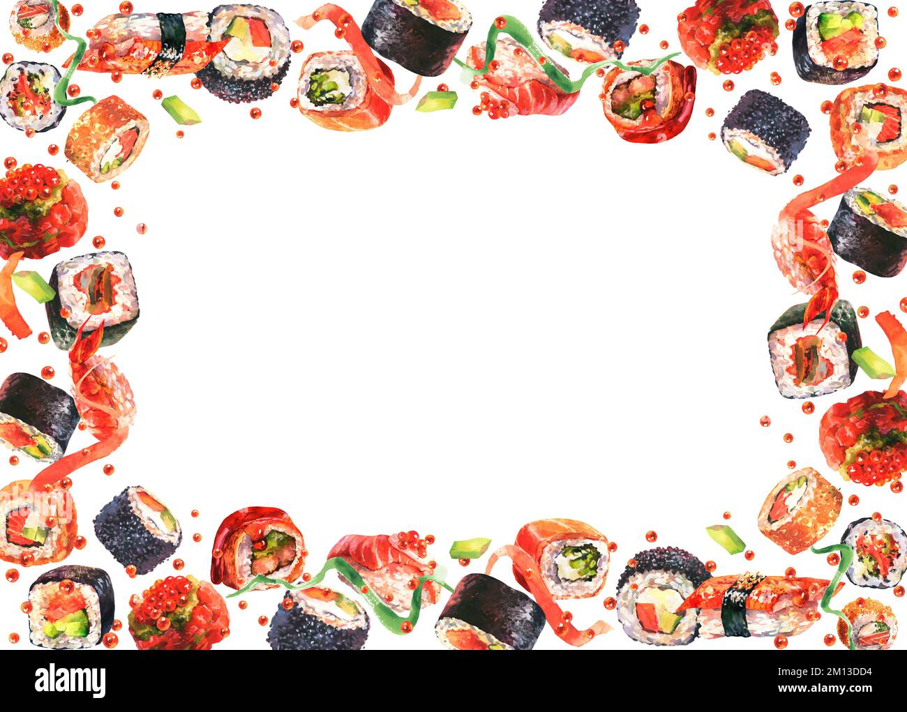 Watercolor hand drawn template illustration with sushi and rolls on ...
