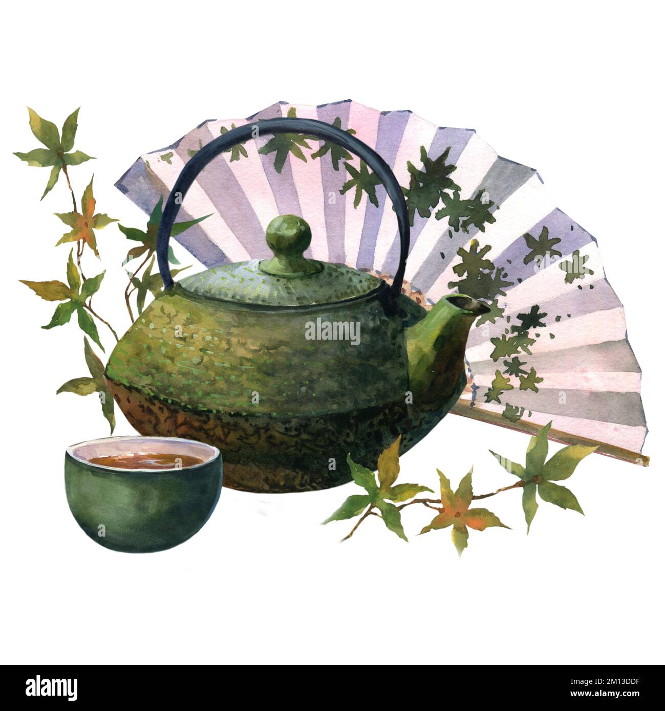 Watercolor asian tea set with dack green teapot, green cup of tea and ...