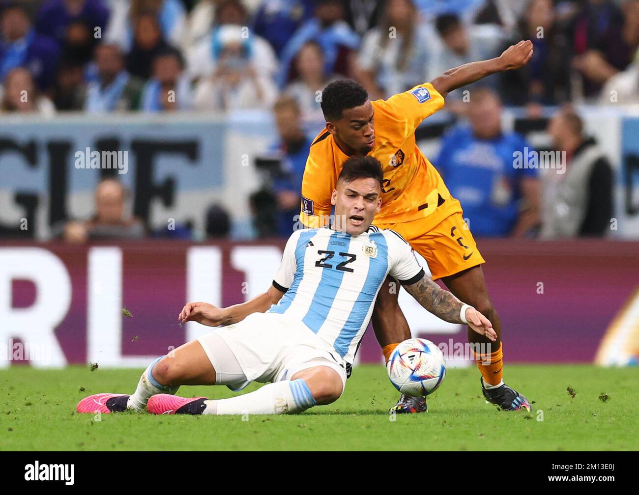 Doha, Qatar, 9th December 2022. Lautaro Martinez of Argentina tackled ...