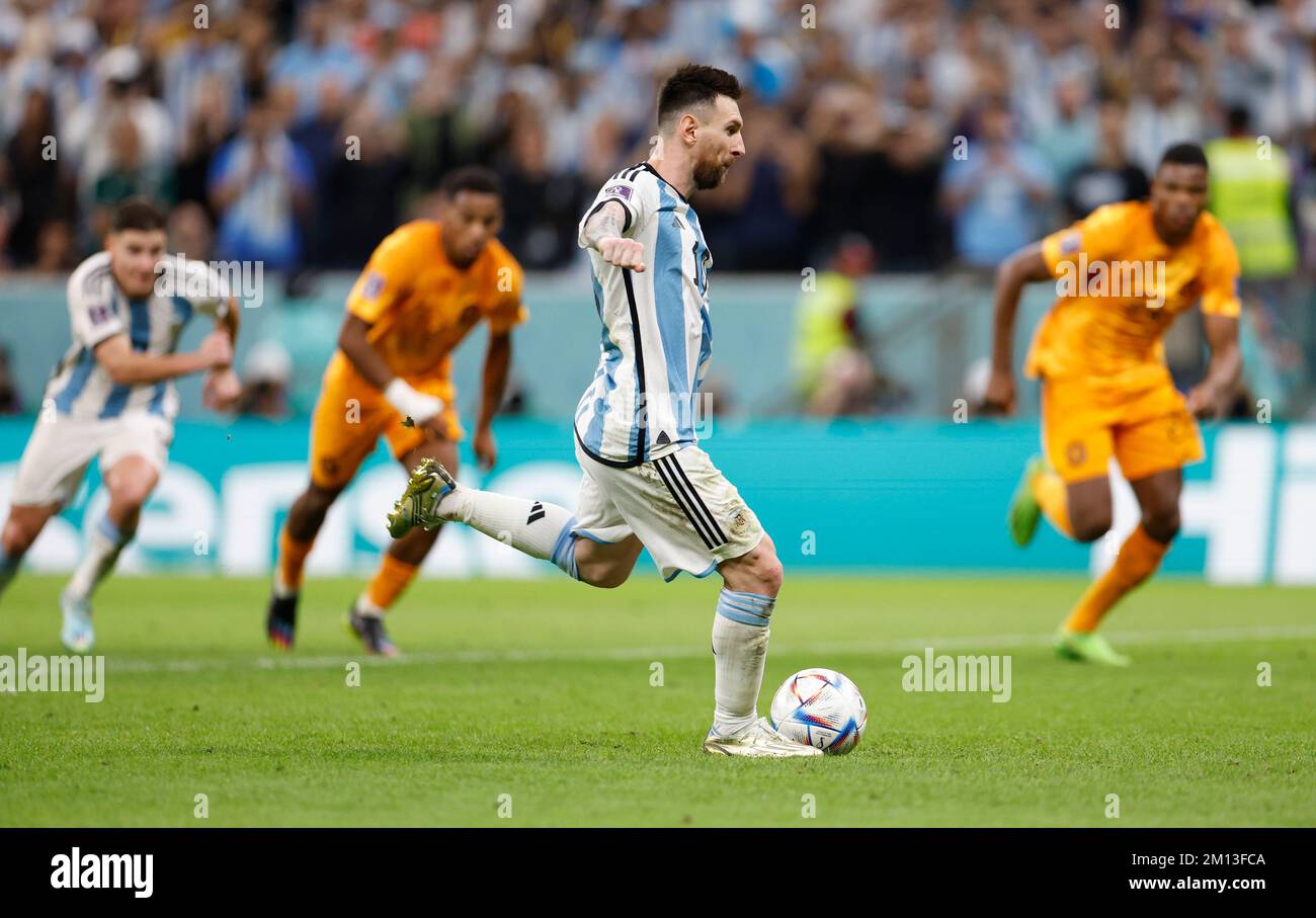 Lusail, Qatar. 9th Dec, 2022. Lionel Messi (front) of Argentina scores ...
