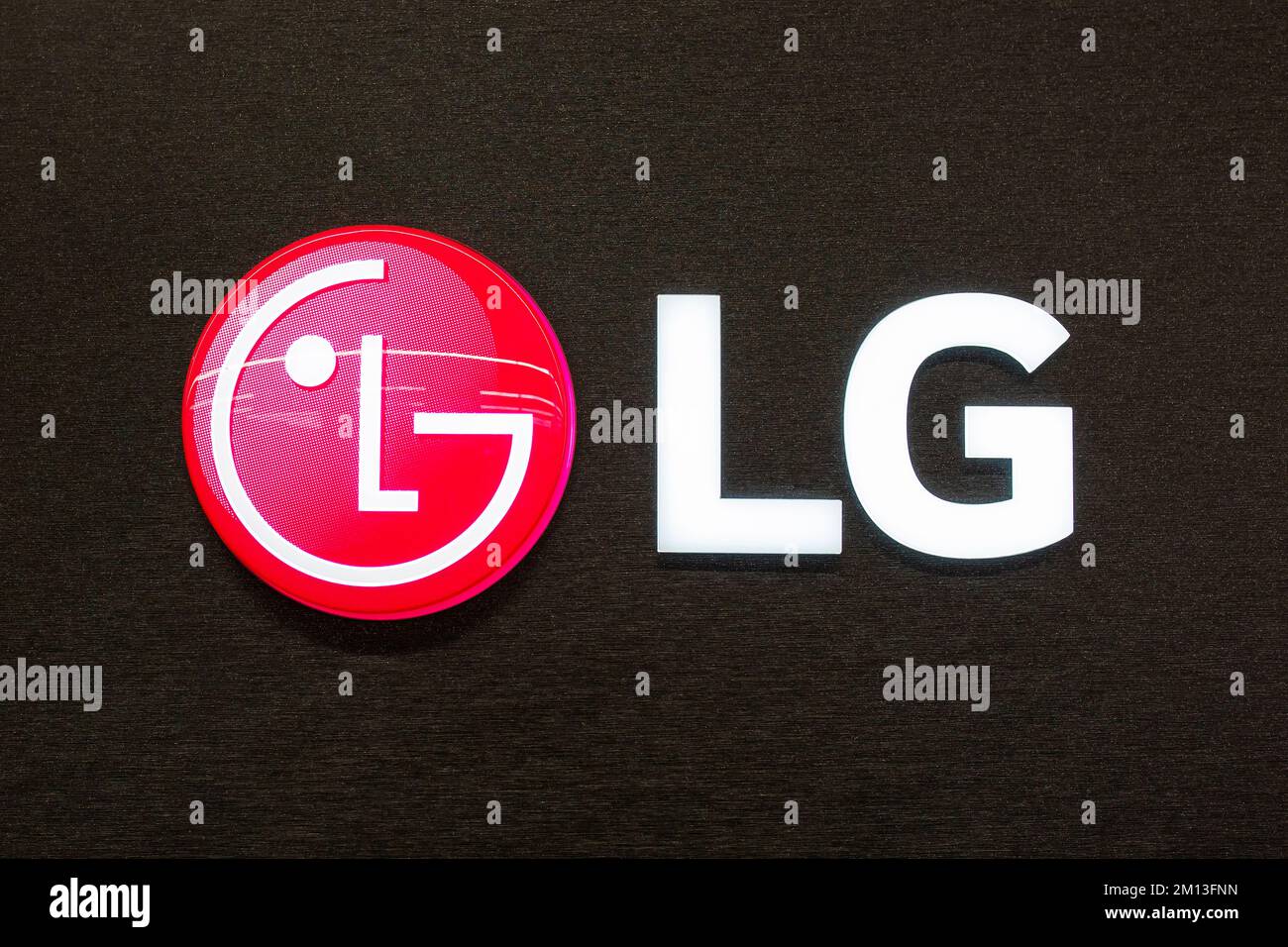 LG logo. Bright neon LG sign. South Korean multinational electronics ...