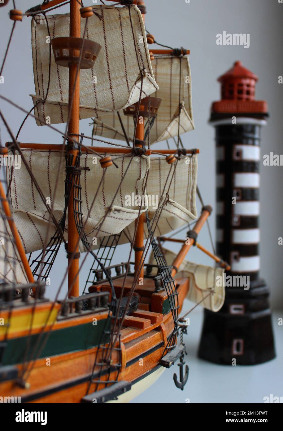 Diorama Of Wooden Model Masted Sailing Ship And Model Of Beacon ...