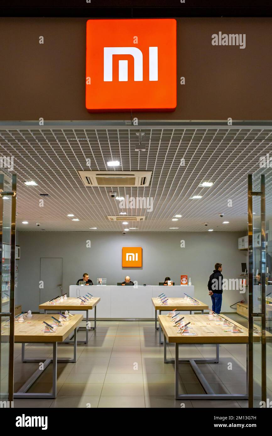 Xiaomi Mi store. Signboard logo above entrance to store. Xiaomi Inc - is Chinese multinational ...