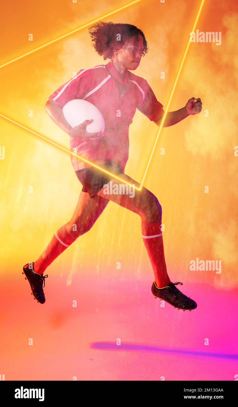 Illuminated triangle over biracial female rugby player with ball ...