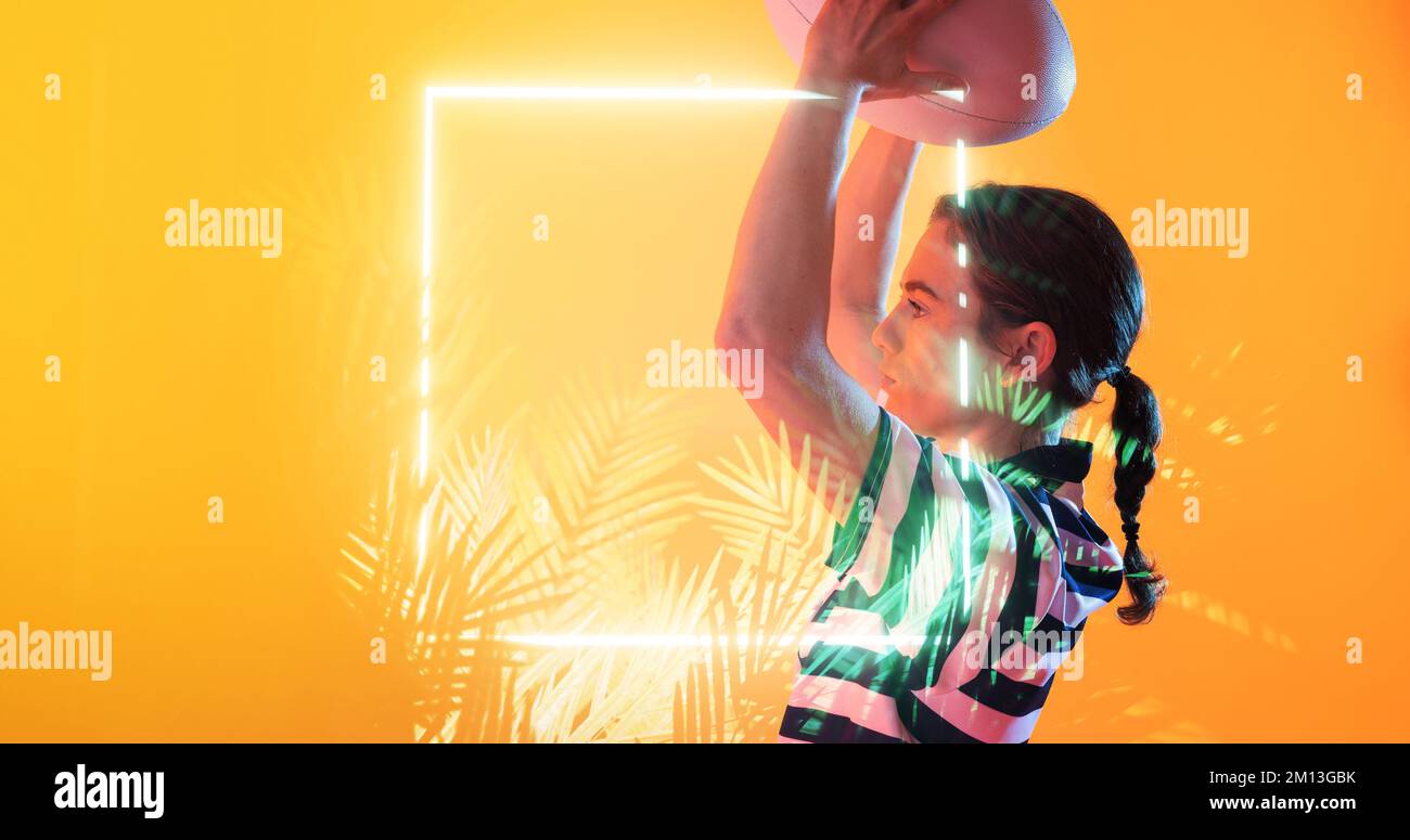 Illuminated square and plants over female caucasian player throwing ...