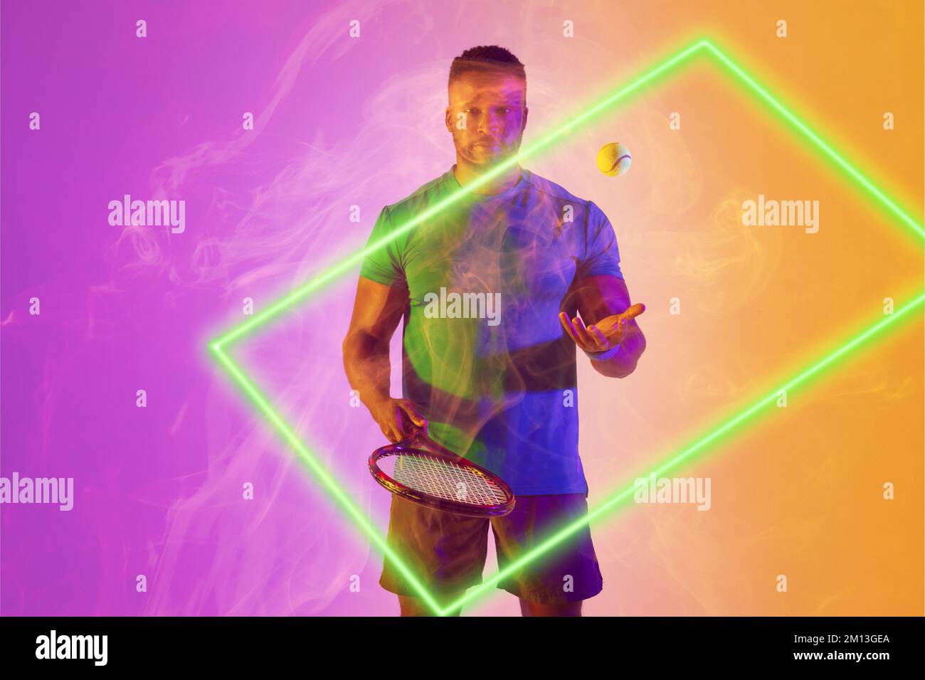 Confident african american male tennis player with racket and ball by ...